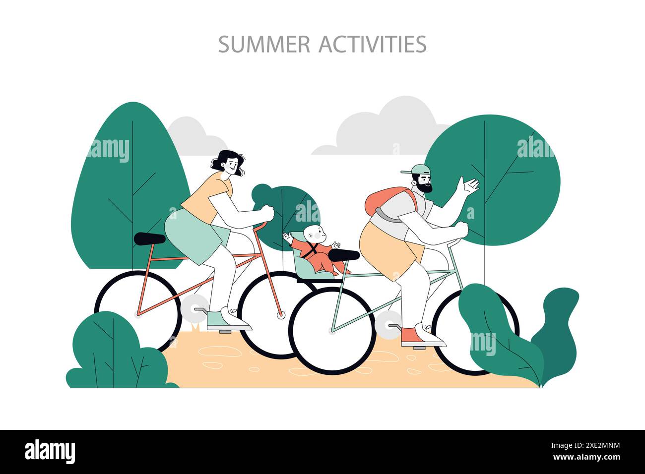 Summer Activities concept. A family enjoying a bike ride in the park ...