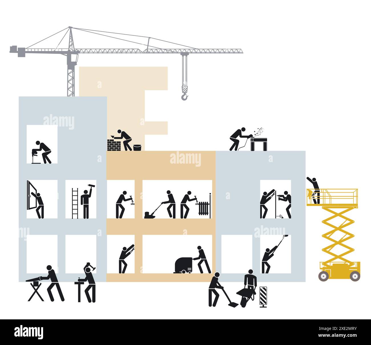 House building construction site with construction workers pictogram ...