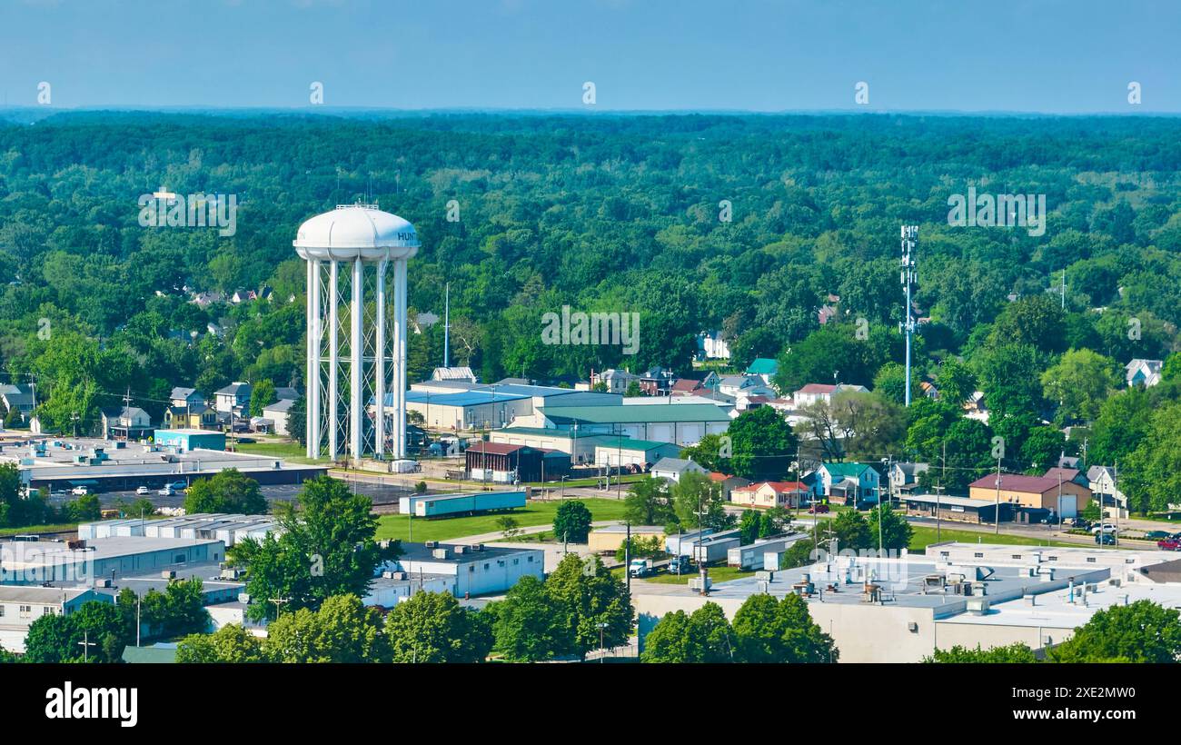 Aerial View of Huntington Indiana Water Tower and Suburban Landscape ...