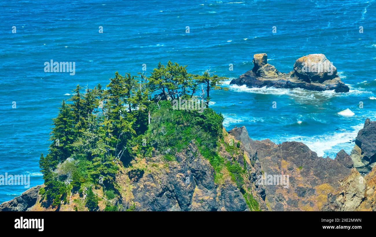 Aerial View of Rugged Oregon Coastline with Evergreen Island and Ocean ...