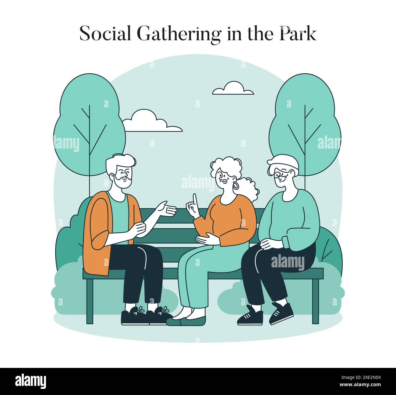 Elderly friends enjoying a casual meetup at a park bench. Tranquil ...