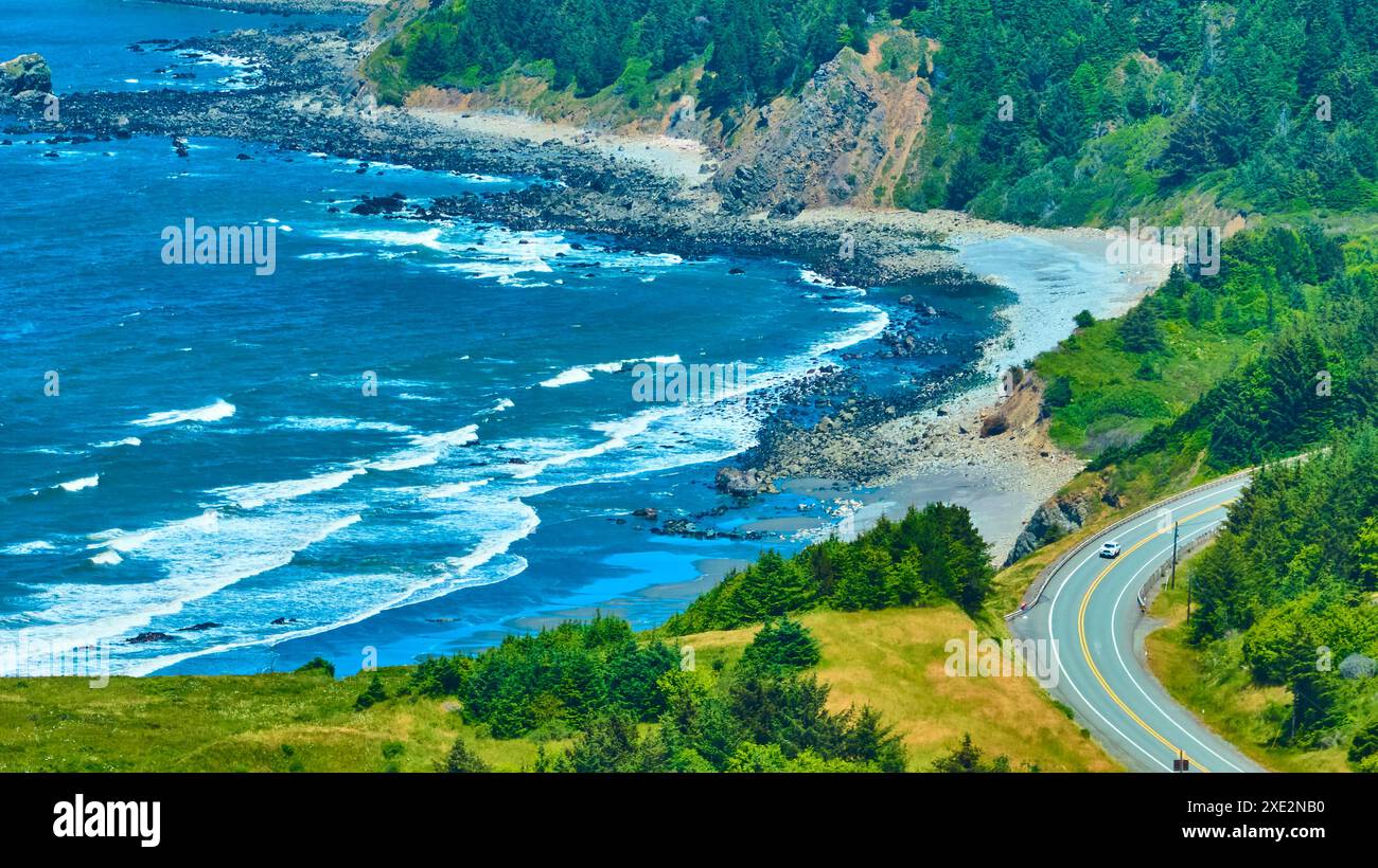 Aerial View of Coastal Road and Rocky Shoreline in Oregon Stock Photo ...