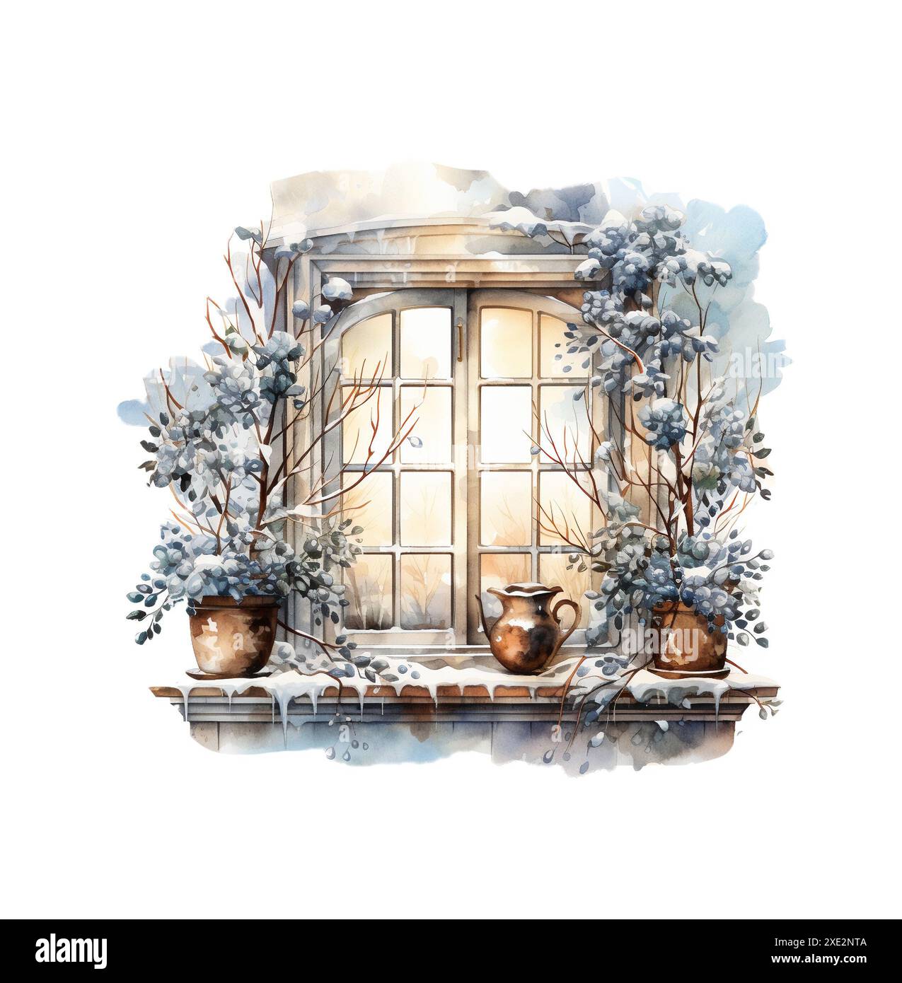 Christmas winter window front view. Watercolor winter landscape ...