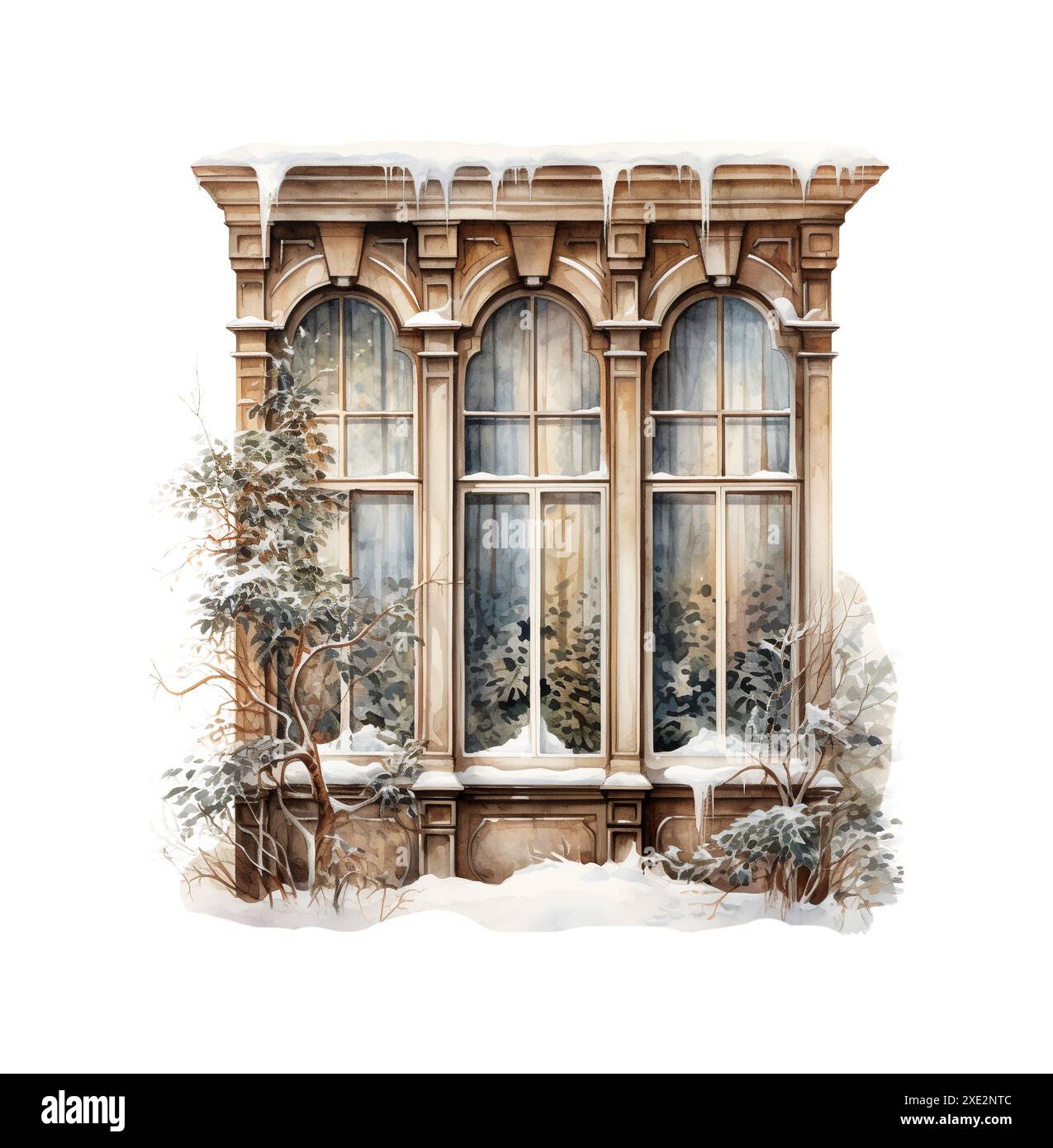Christmas winter window front view. Watercolor winter landscape ...