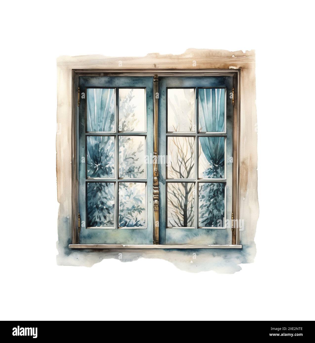 Christmas winter window front view. Watercolor winter landscape ...