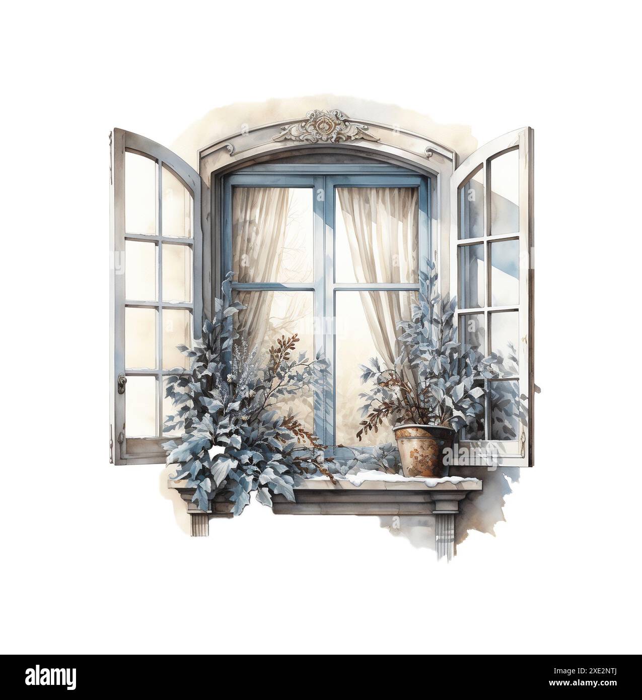 Christmas winter window front view. Watercolor winter landscape ...