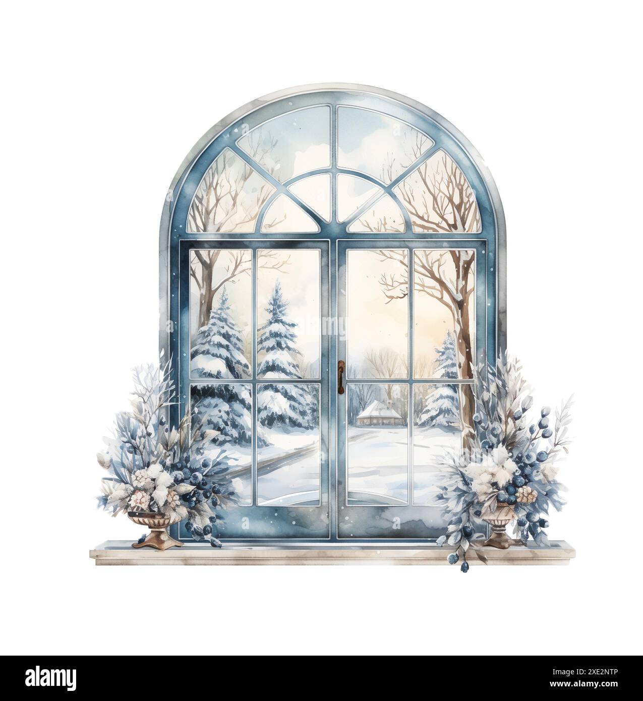 Christmas winter window front view. Watercolor winter landscape ...