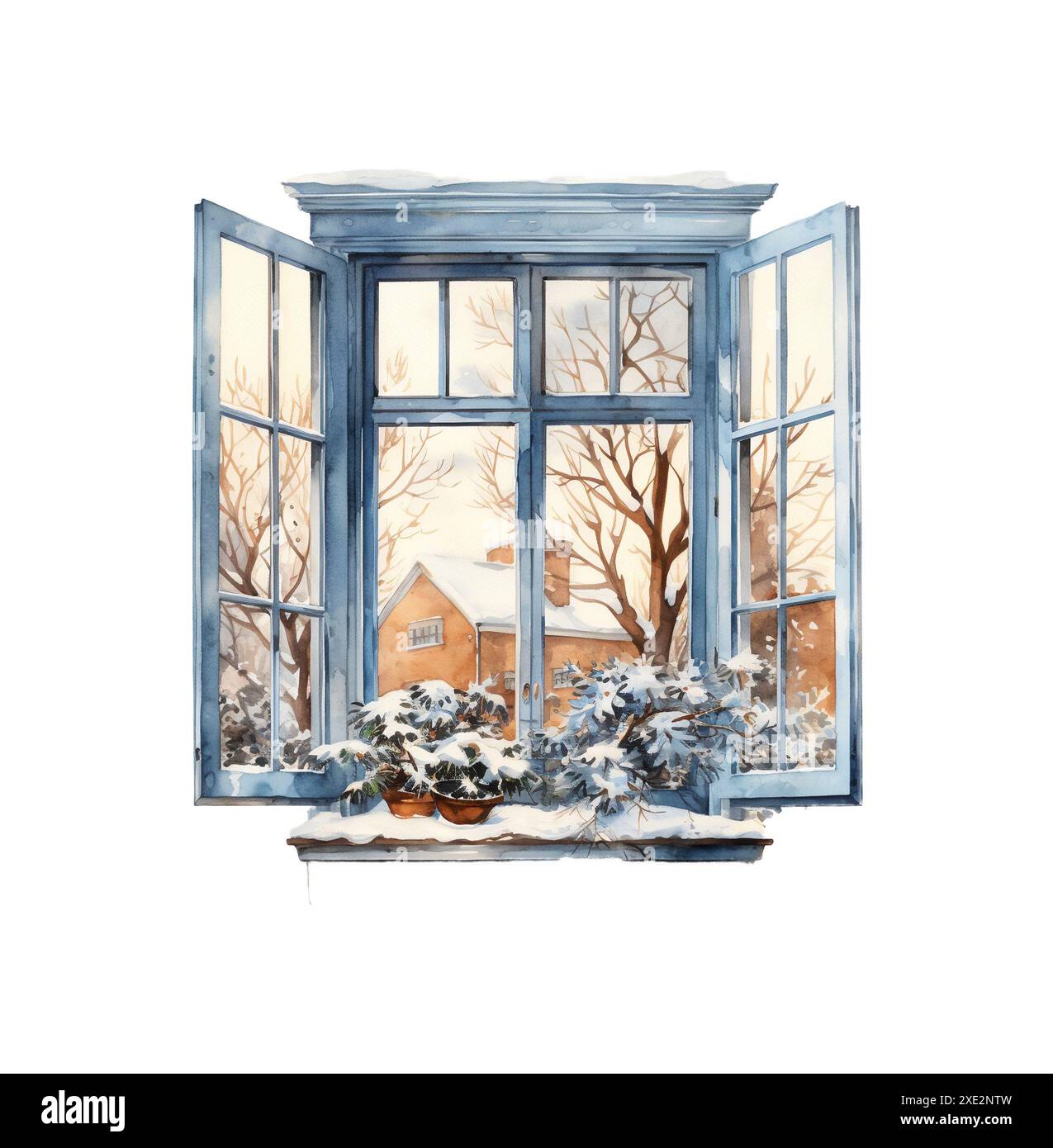 Christmas winter window front view. Watercolor winter landscape ...