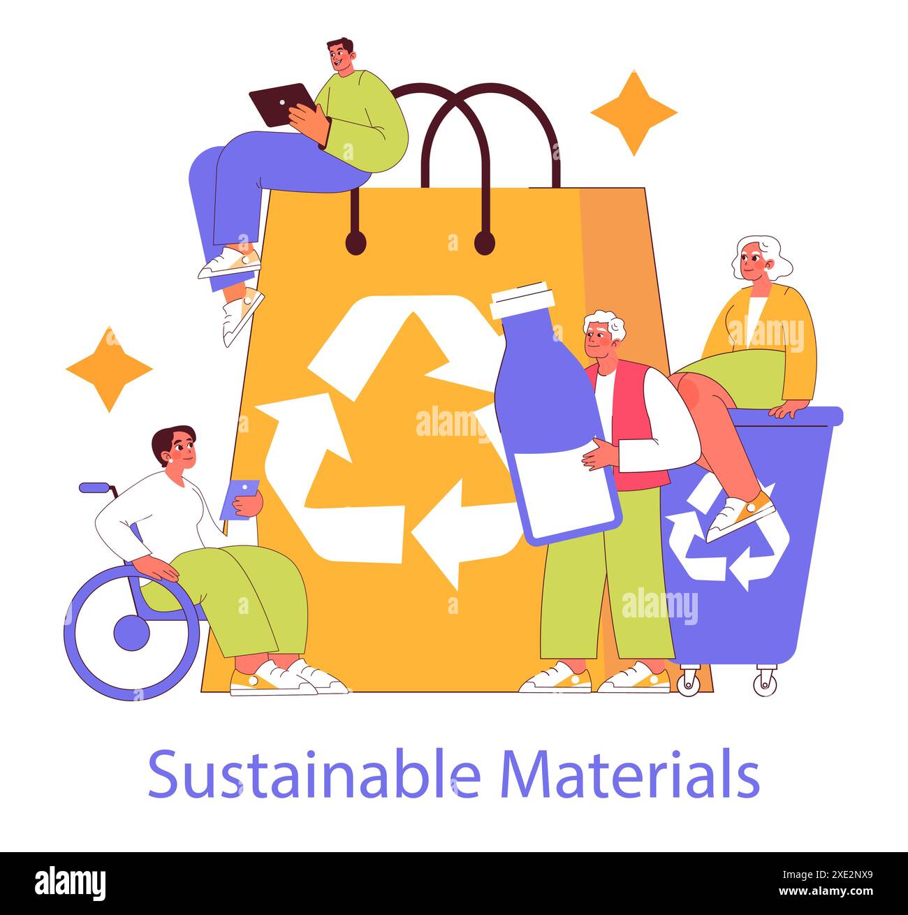 Sustainable Materials concept. People engaging with eco-friendly practices and recycling ...