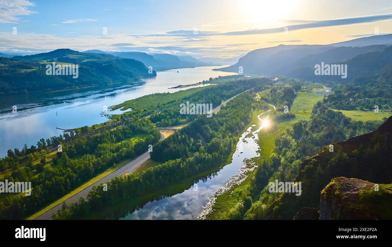 Aerial View of Columbia River Meandering Through Lush Valley at Golden ...