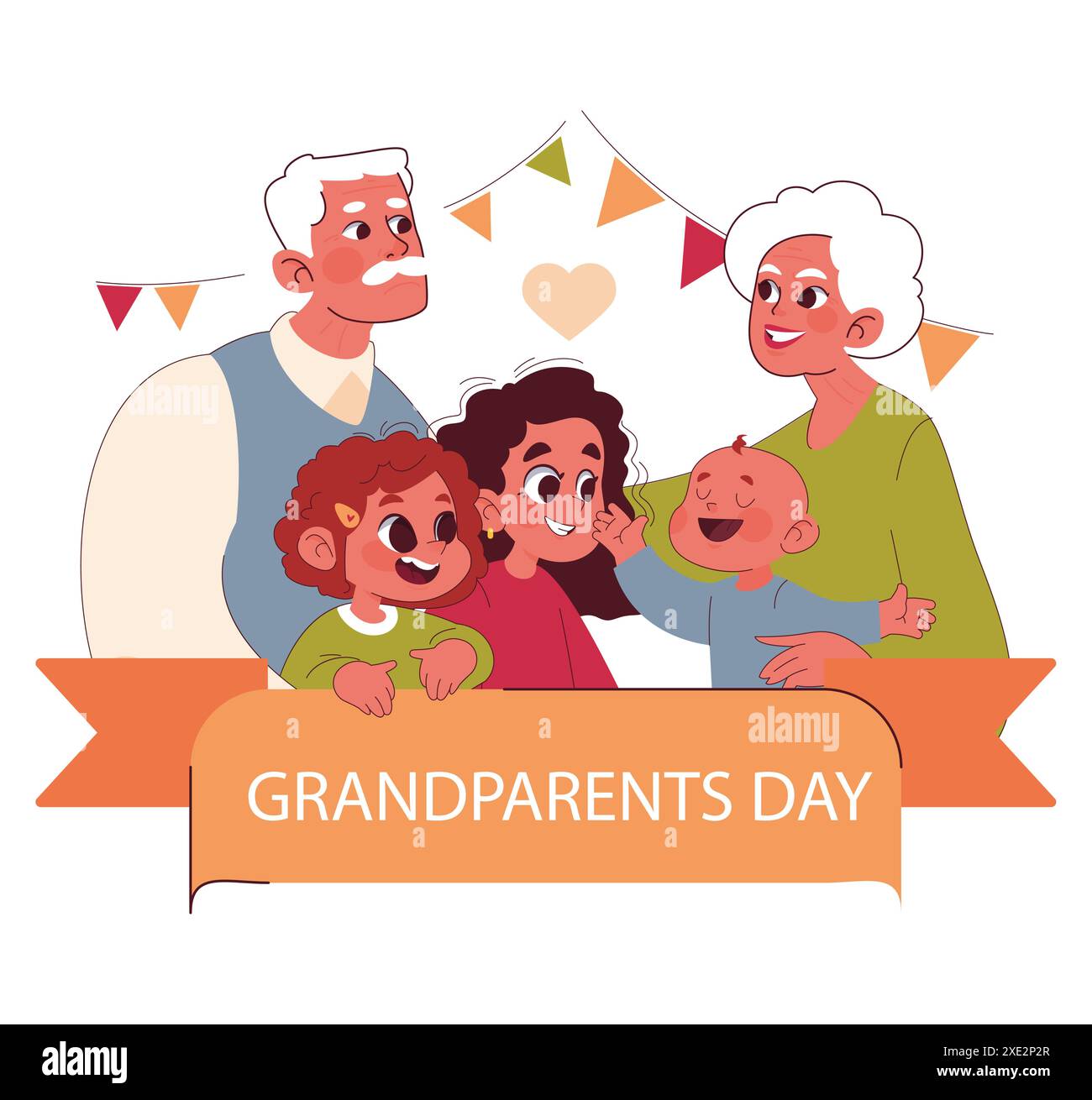 Grandparents Day concept. A cheerful elderly couple with their joyful grandchildren celebrating ...
