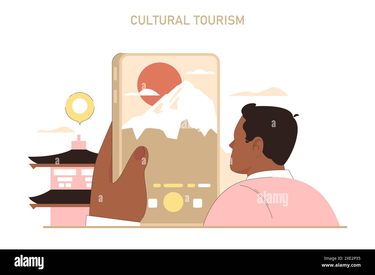 Cultural tourism concept. An individual interacts with a digital device ...