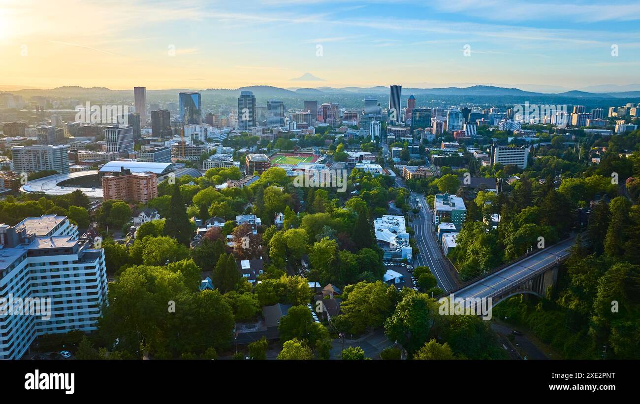 Aerial View of Portland Oregon Cityscape with Mount Hood in Morning ...