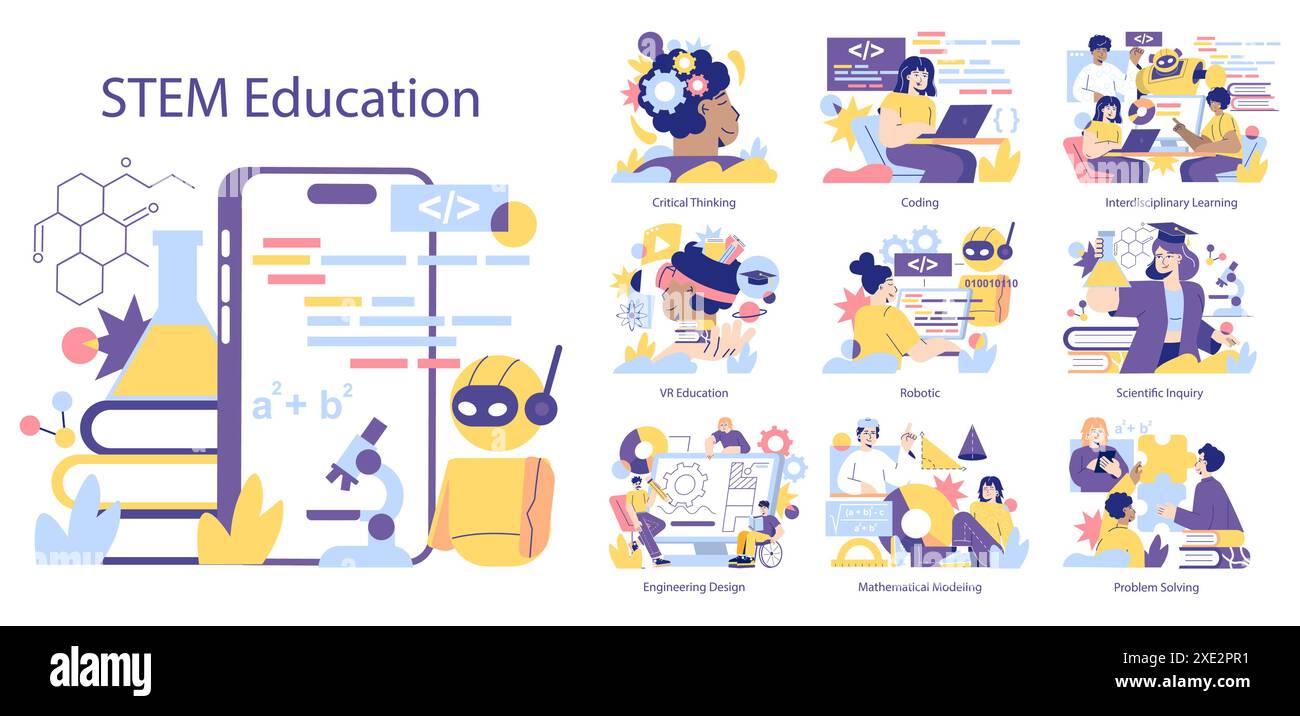STEM Education set. Showcasing diverse learning activities in science ...
