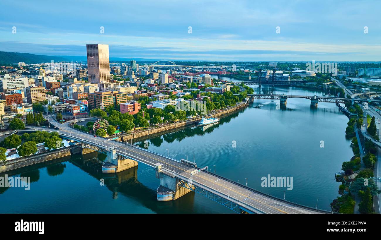 Aerial Fly Over Portland Downtown Bridges and Willamette River Stock ...