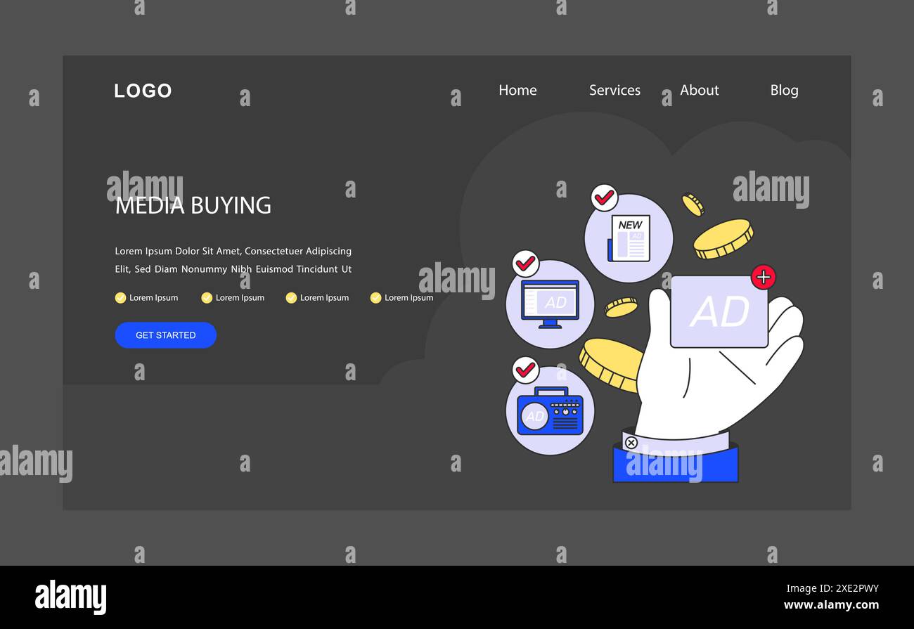 Media buying process concept. Hand selecting the best advertising spaces across various ...
