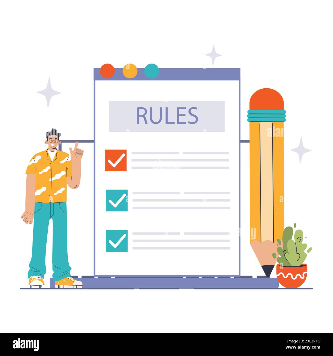 Compliance Audit concept. Confident man points to a checklist, ensuring all rules are met. Large ...