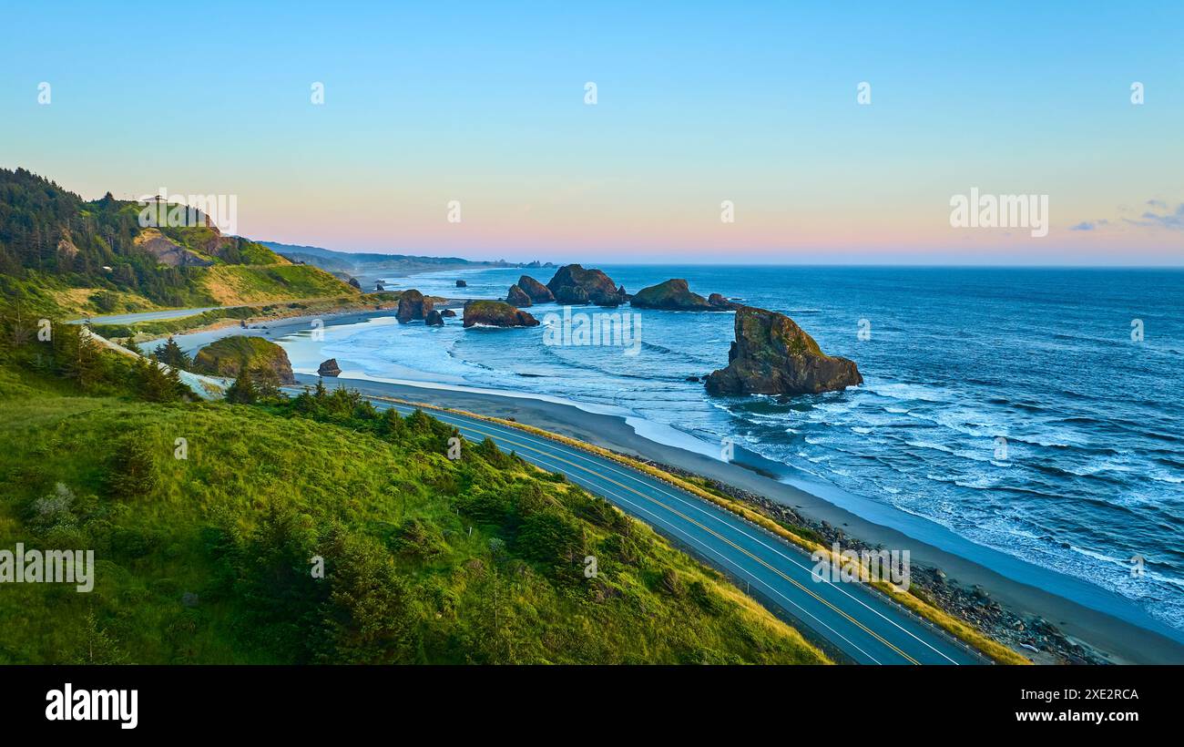 Aerial View of Gold Beach Sunset Coastal Highway and Sea Stacks Stock ...