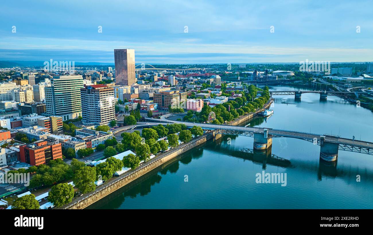 Aerial View of Downtown Portland with Willamette River and Bridges ...