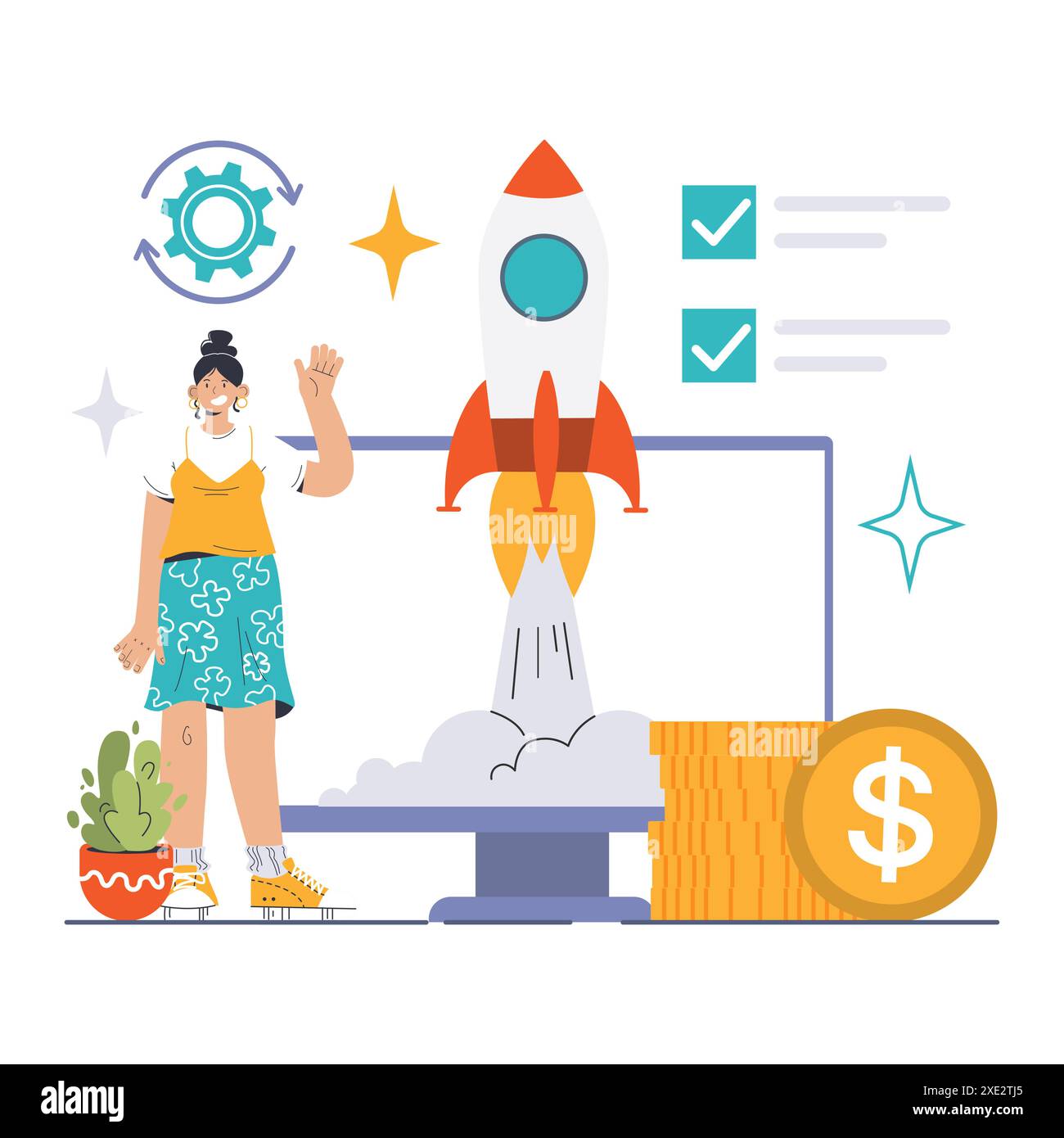 Business Optimization concept. Woman waves beside soaring rocket, gears ...