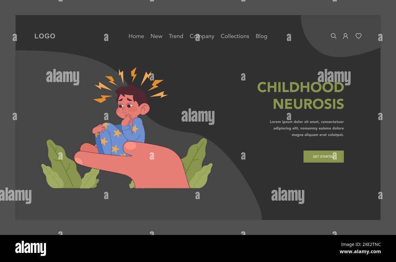Childhood neurosis dark or night mode web, landing. Distressed boy in ...