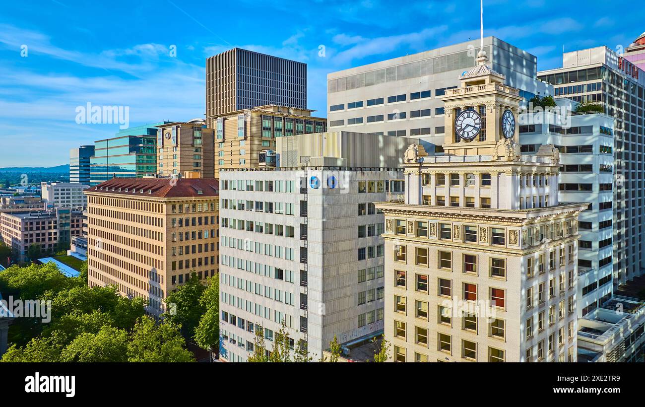 Aerial View of Portland Clock Tower and Modern Office Buildings Stock ...