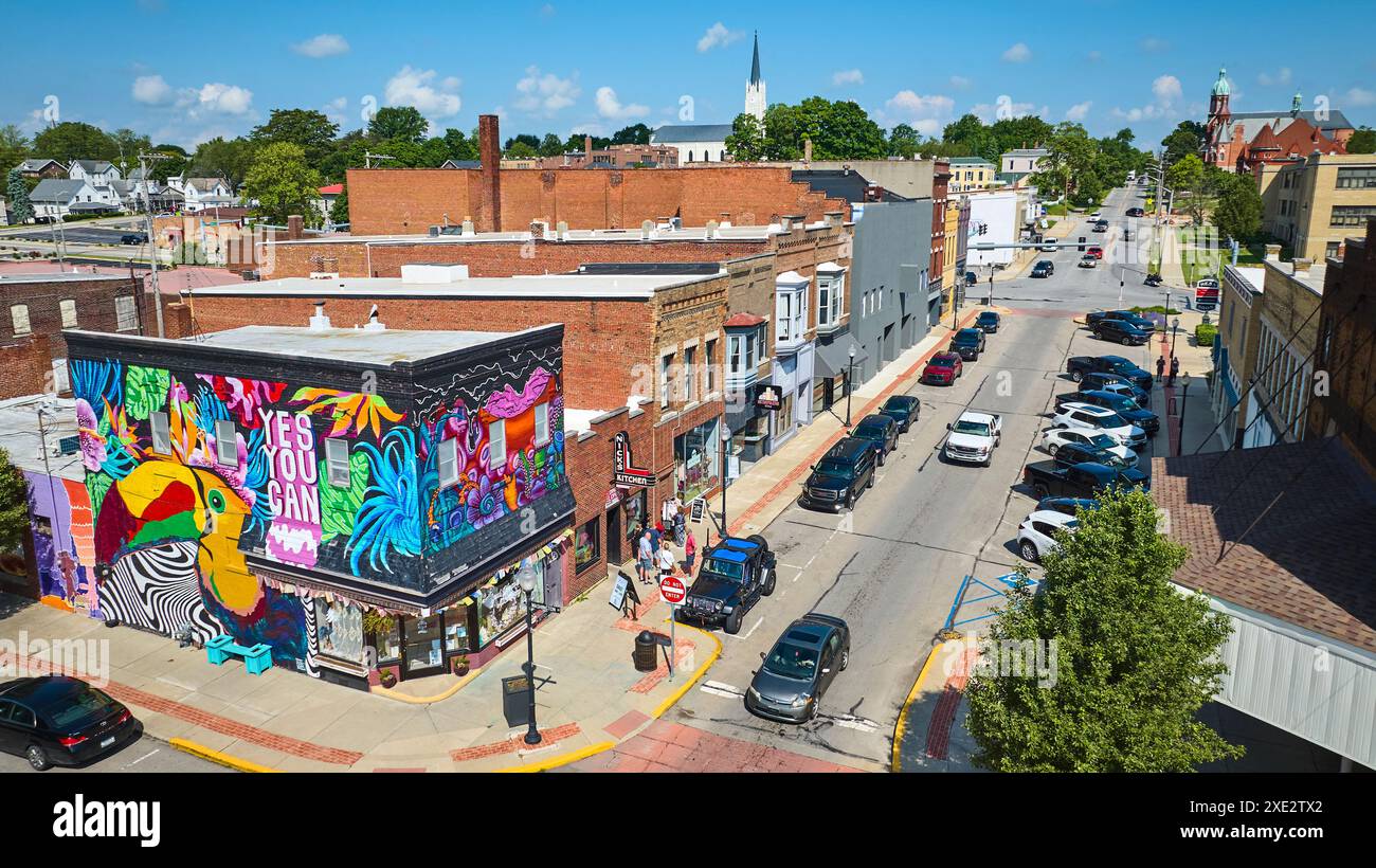 Aerial View of Colorful Mural and Small Town Life in Huntington Indiana ...