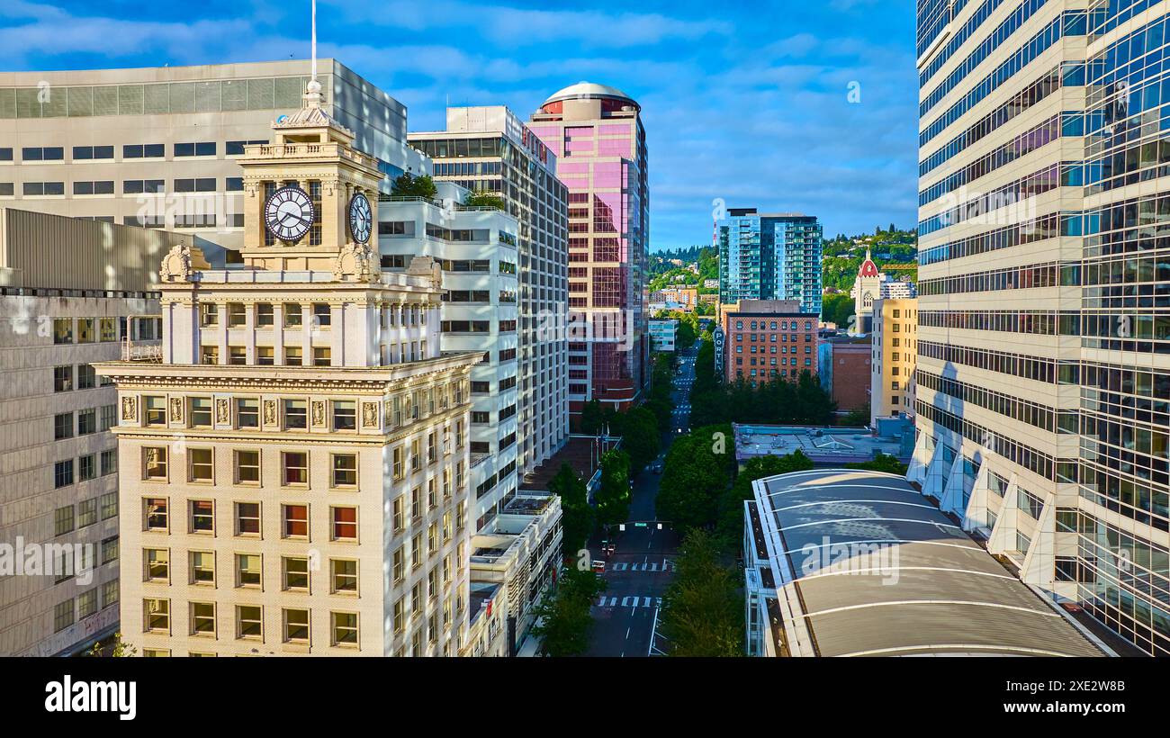 Aerial View of Historic Clock Tower and Modern Skyline in Portland ...