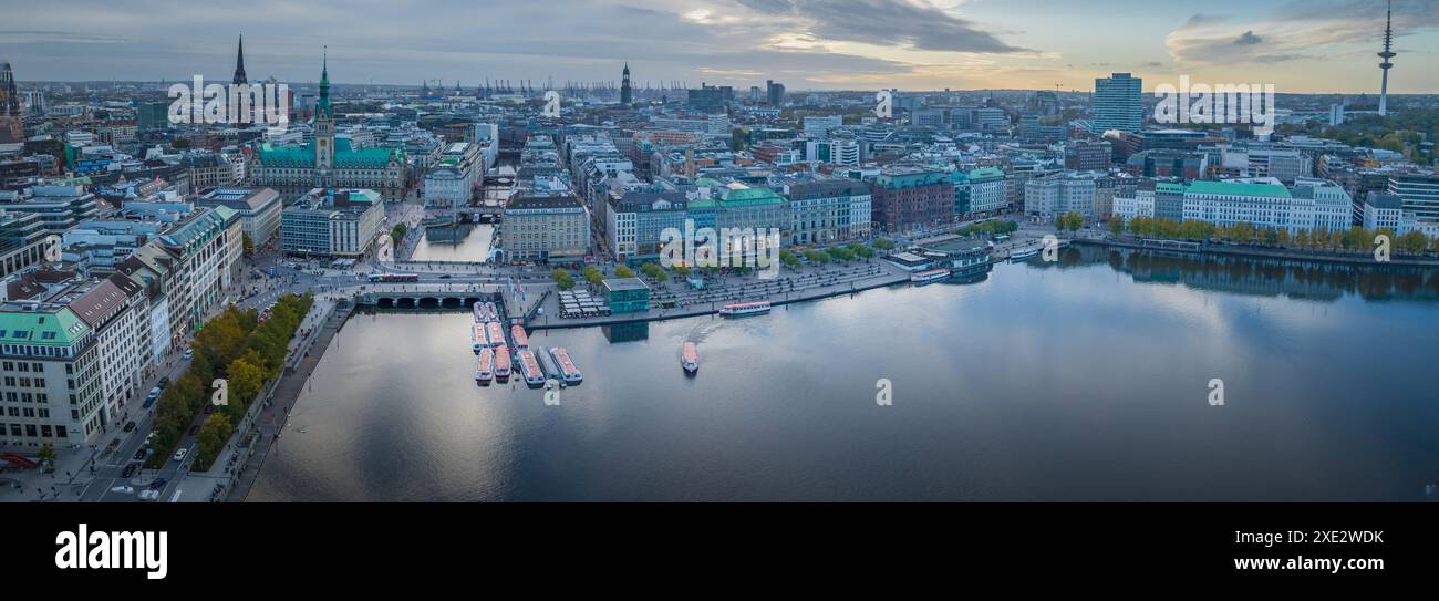 Aerial view of Alster lake, surrounded by the impressive backdrop of ...