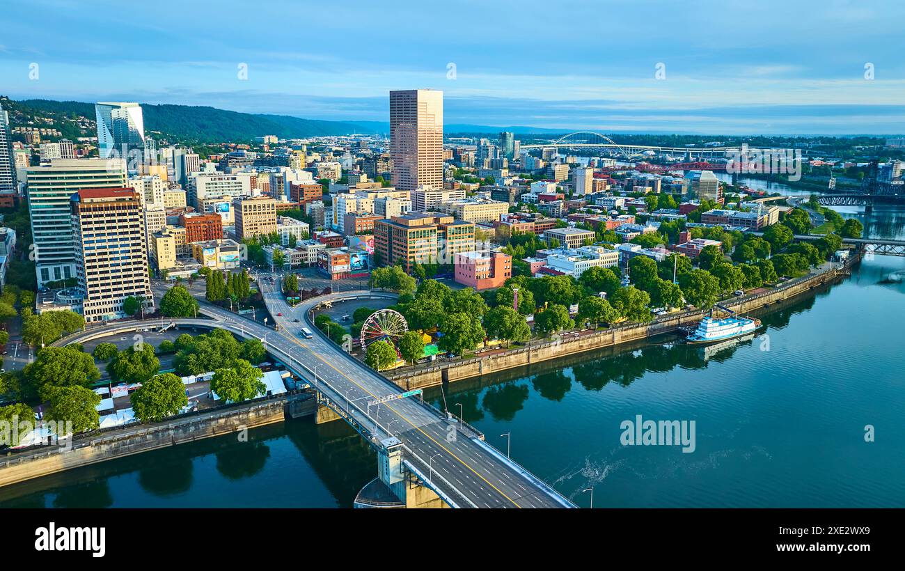 Aerial View of Downtown Portland with Willamette River and Bridge Stock ...
