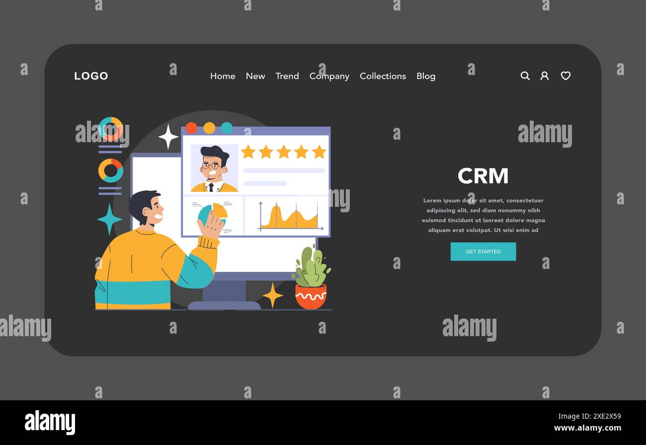 CRM dark or night mode web, landing. Businessman engaging with a ...