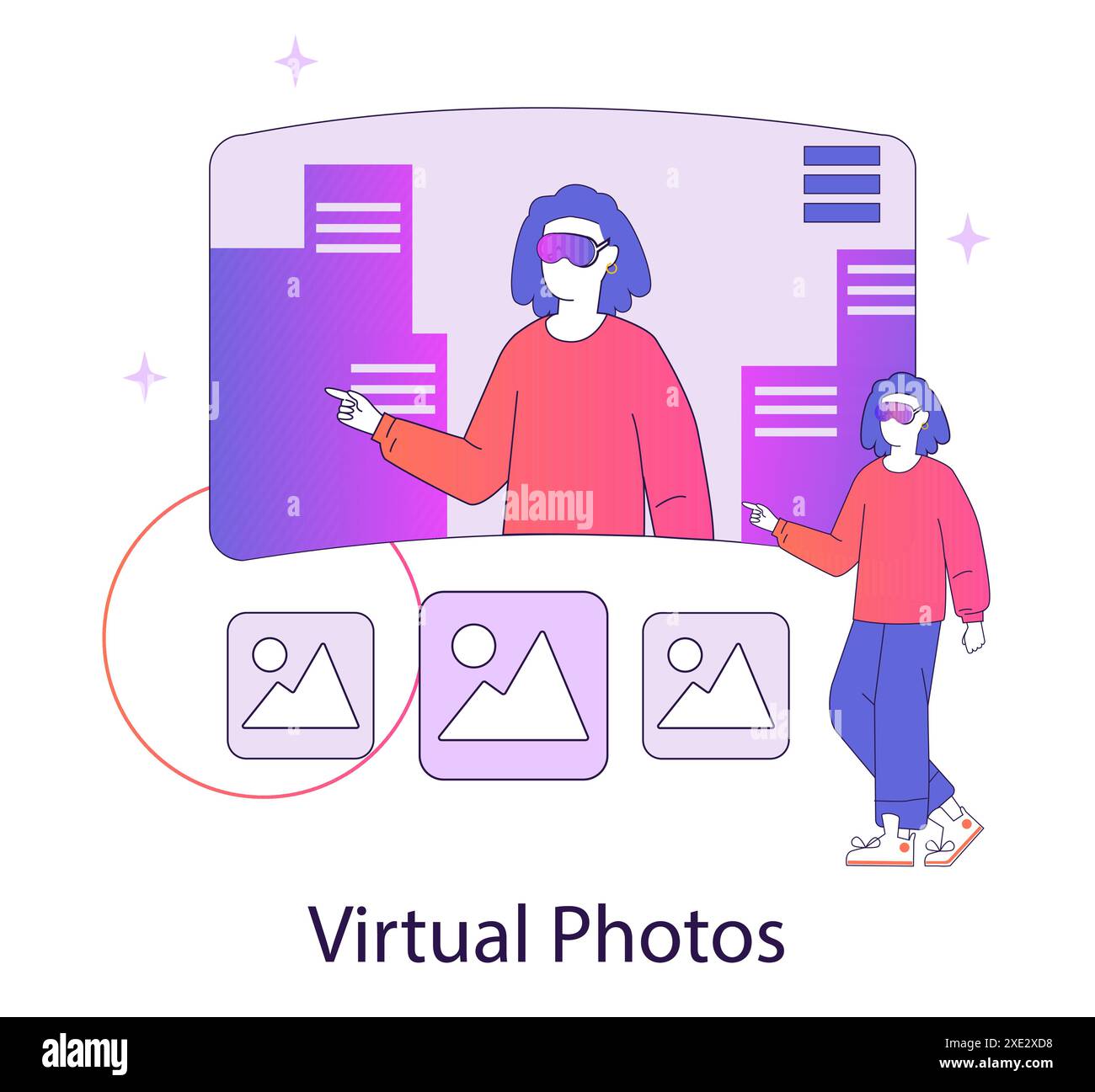 AR and VR concept. A pair explores a virtual interface, selecting photos in a digital gallery ...