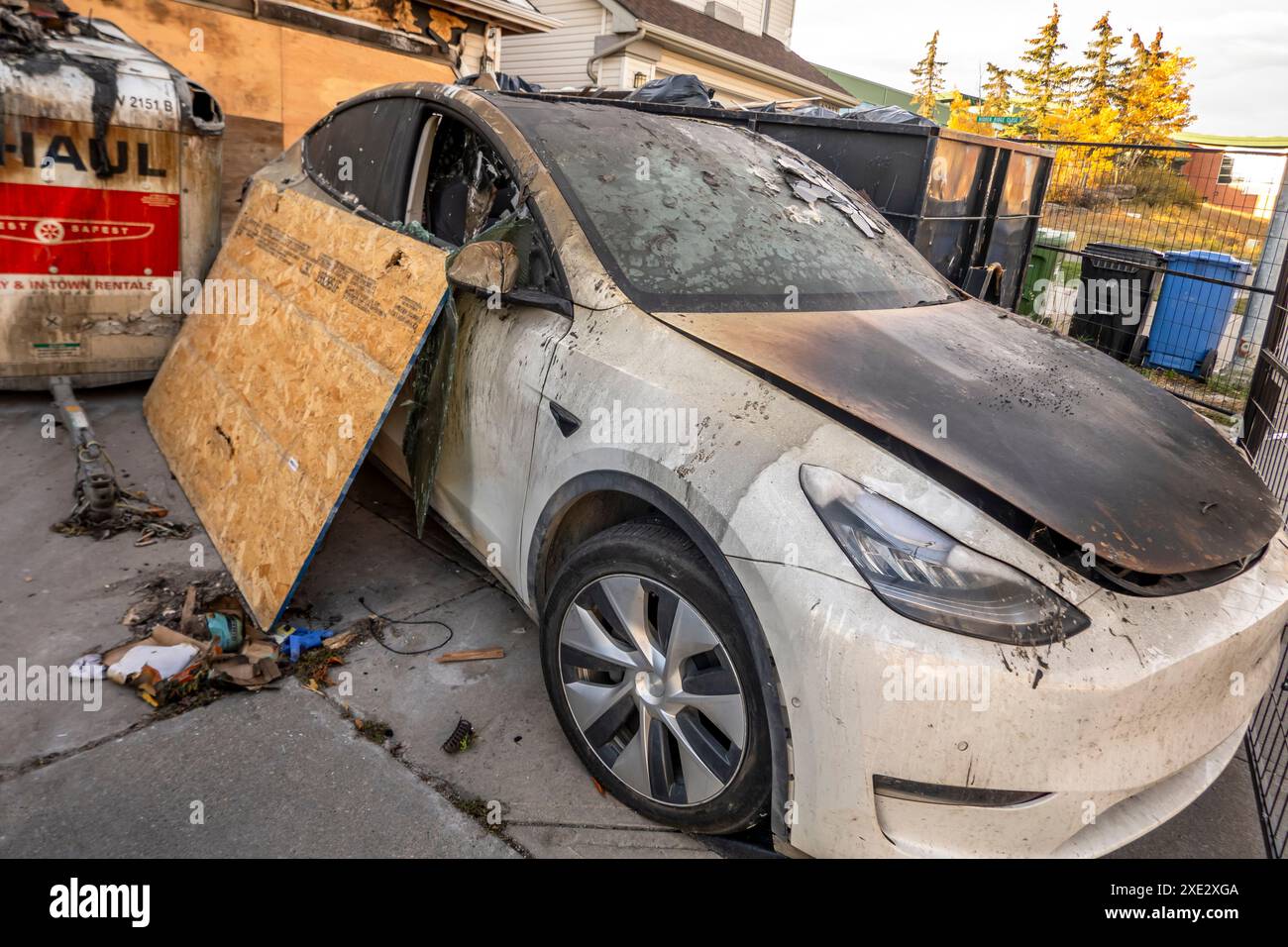 Calgary, Alberta, Canada. Oct 10, 2023. An electric Tesla car with fire ...