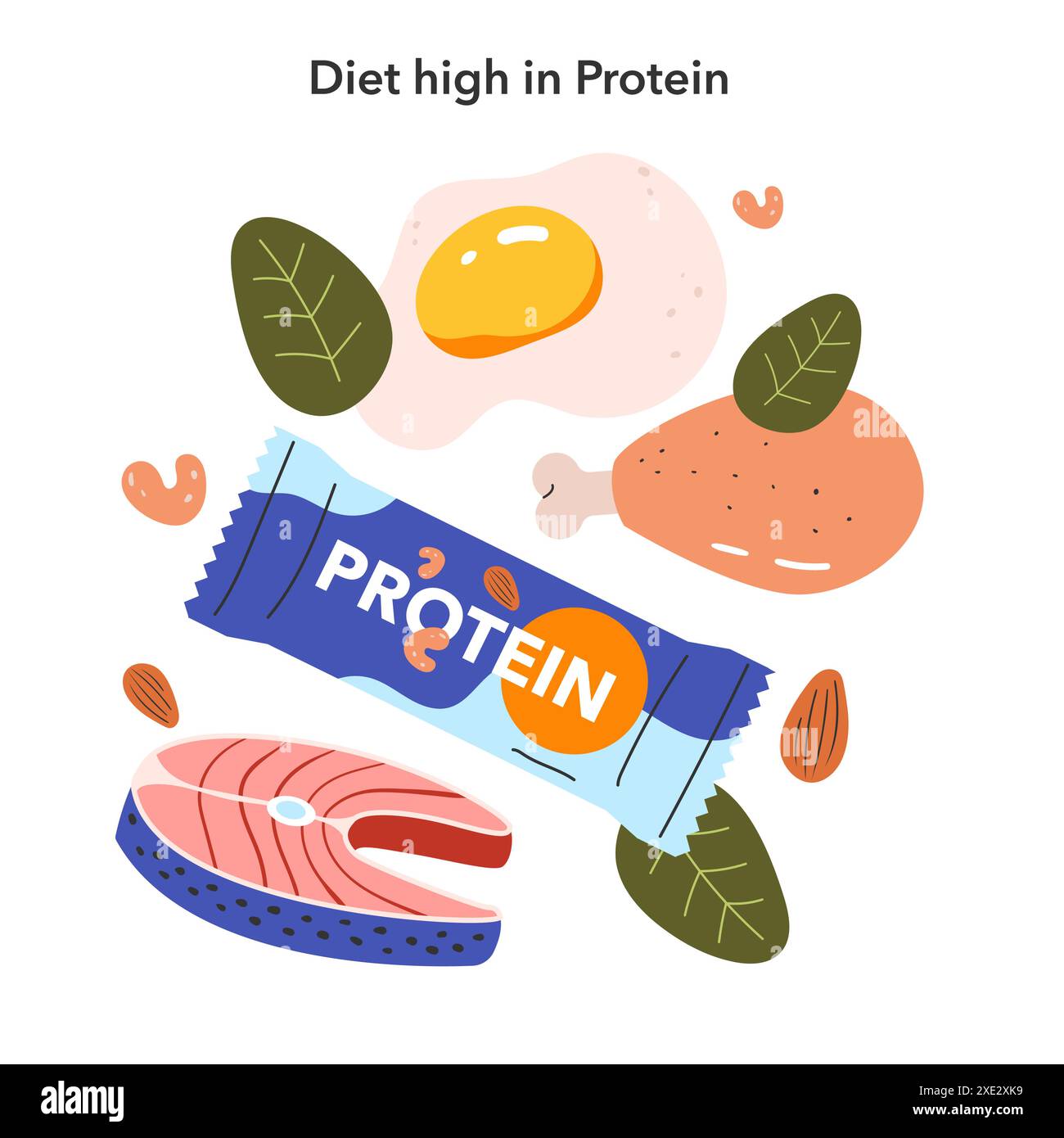 High-protein diet concept. Nutrition illustration featuring eggs, nuts ...