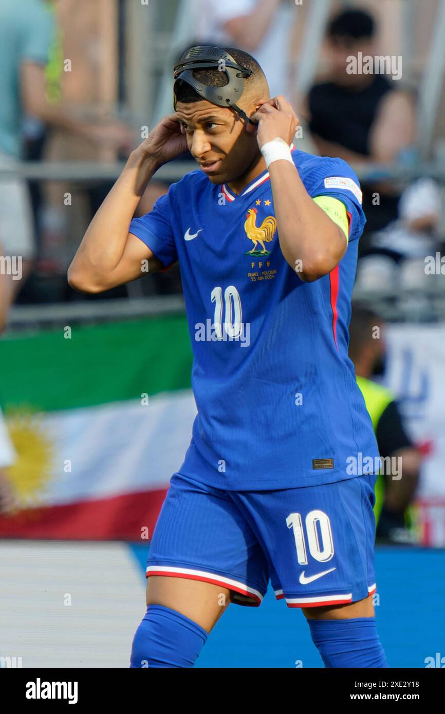 Kylian Mbappe of France he adjusts his mask during UEFA Euro 2024 ...