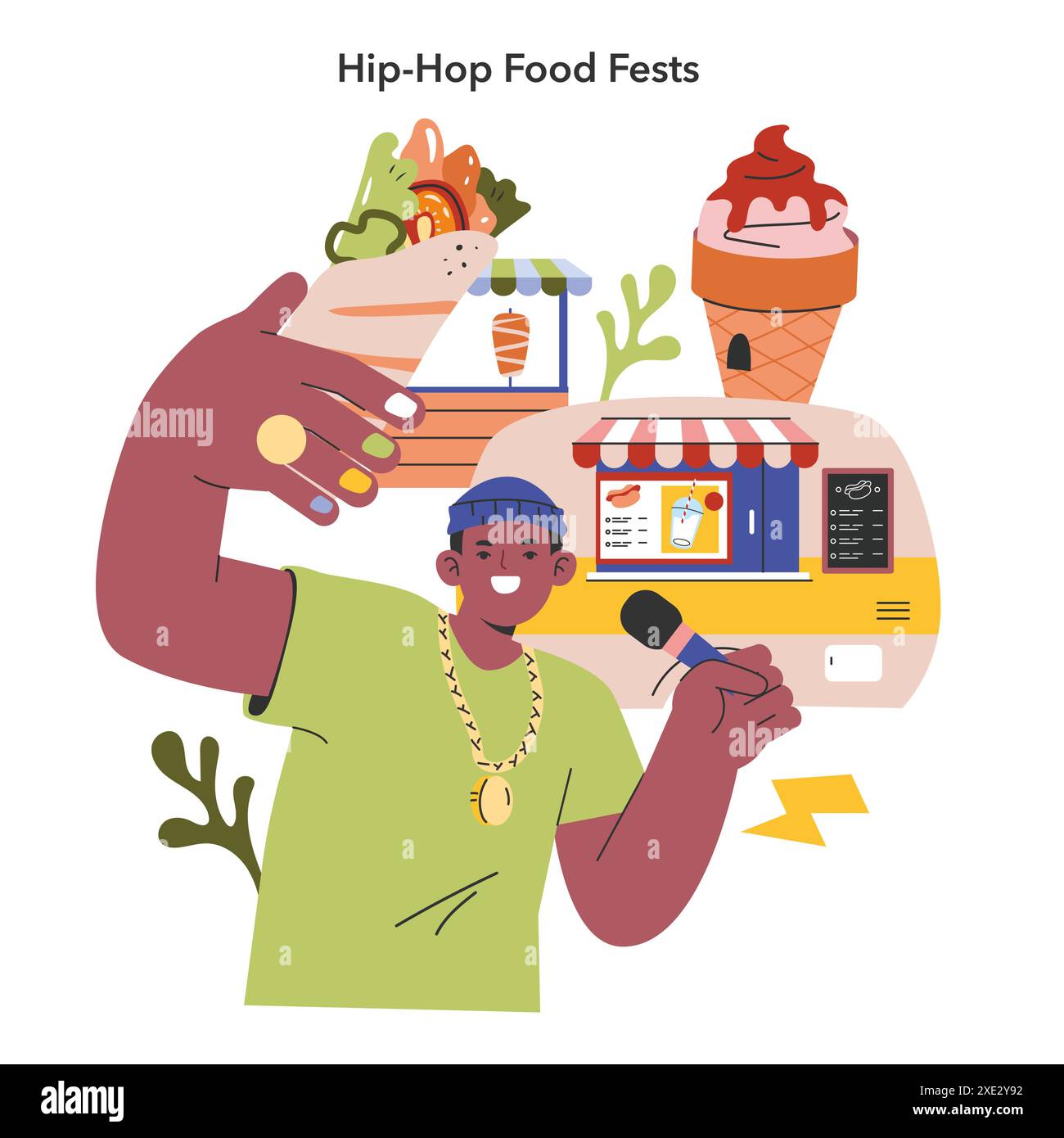 Hip-hop influenced street food festival concept. An animated rapper ...