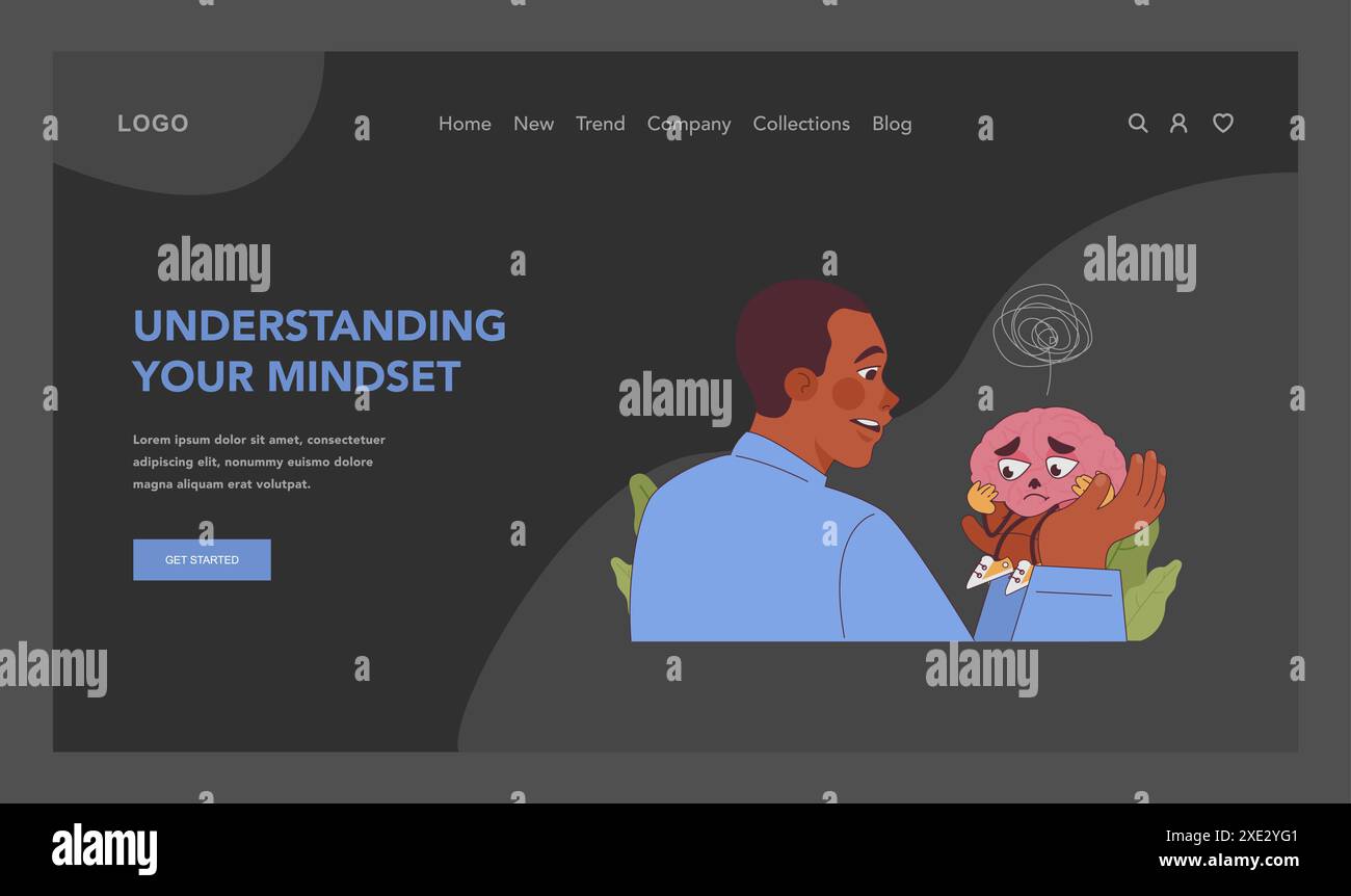 Mindset awareness concept. Man holding brain with upset face ...