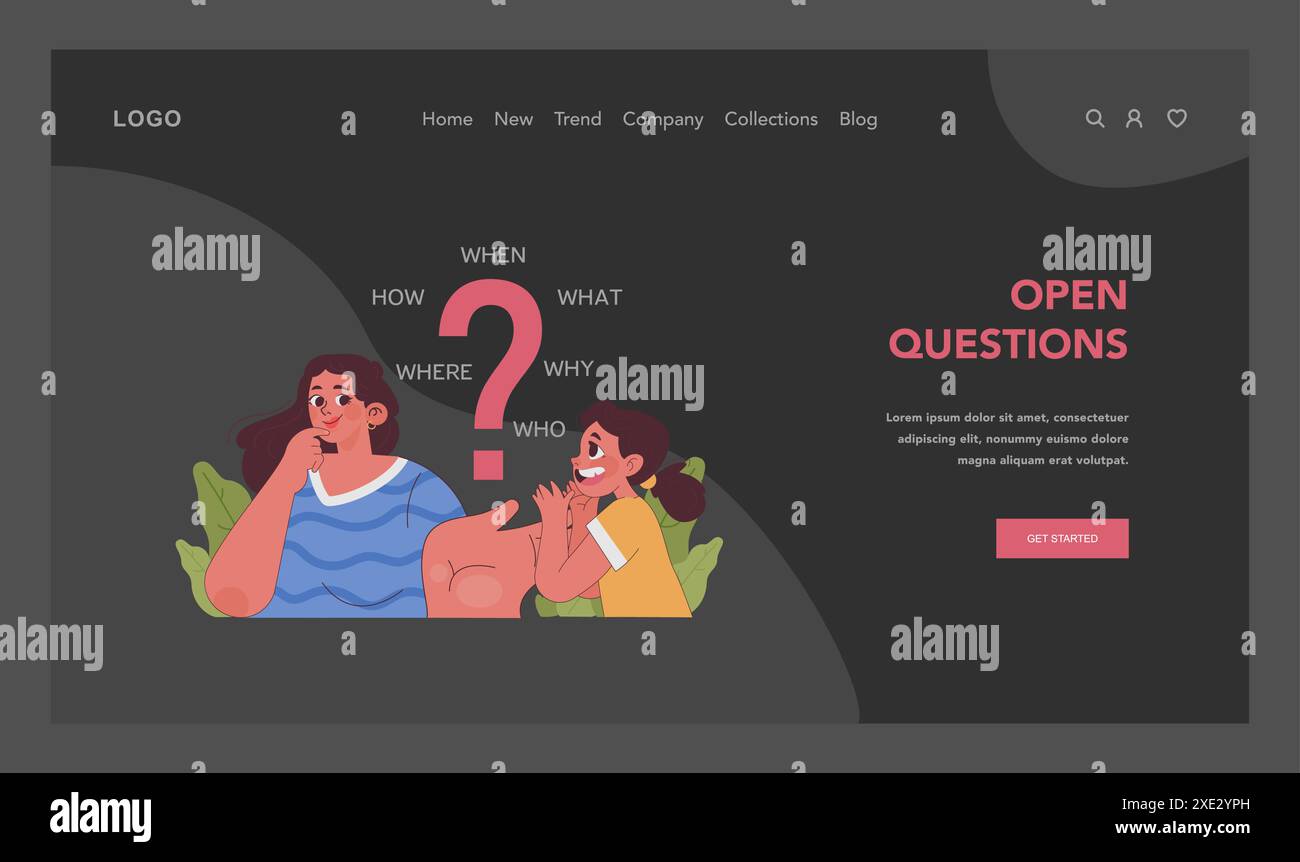 Open questions dark or night mode web, landing. Mother and daughter ...