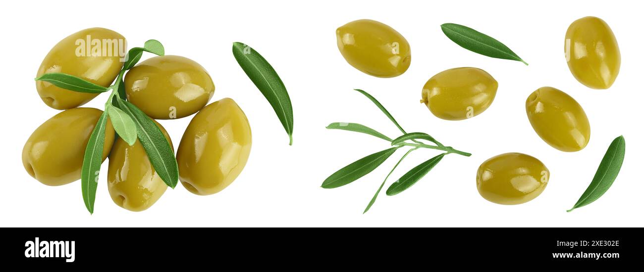 Green olives with leaves isolated on a white background with full depth ...