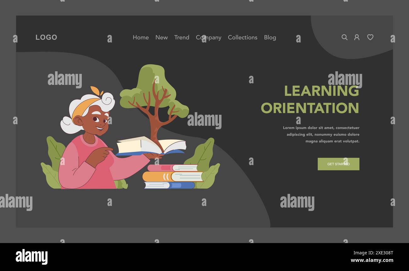 Learning orientation concept. Older woman pointing at book with growing ... Learning orientation concept. Older woman pointing at book with growing ...