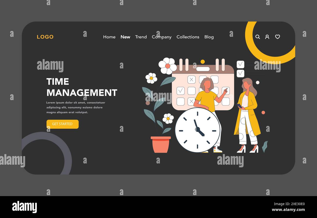 Time Management night or dark mode web or landing page. A vibrant ...