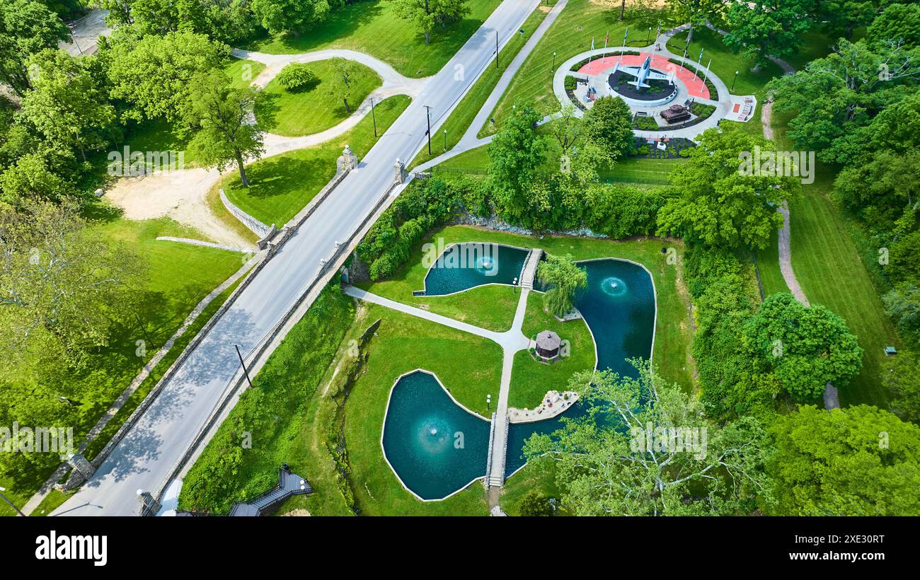 Aerial View of Huntington Memorial Park with Ponds and Monument Stock ...