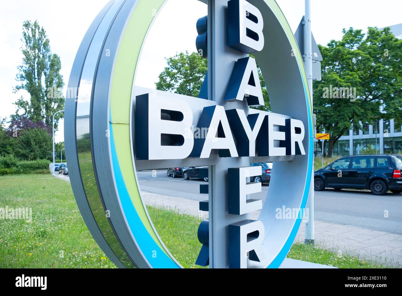 Bayer logo and Consumer Health Division sign, pharmaceutical industry ...