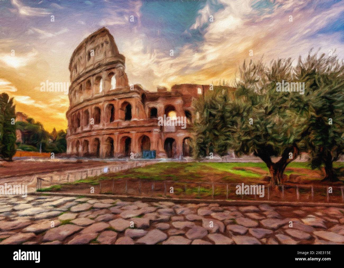 Rome, Italy - Sunset behind the Colosseum - Creative illustration ...