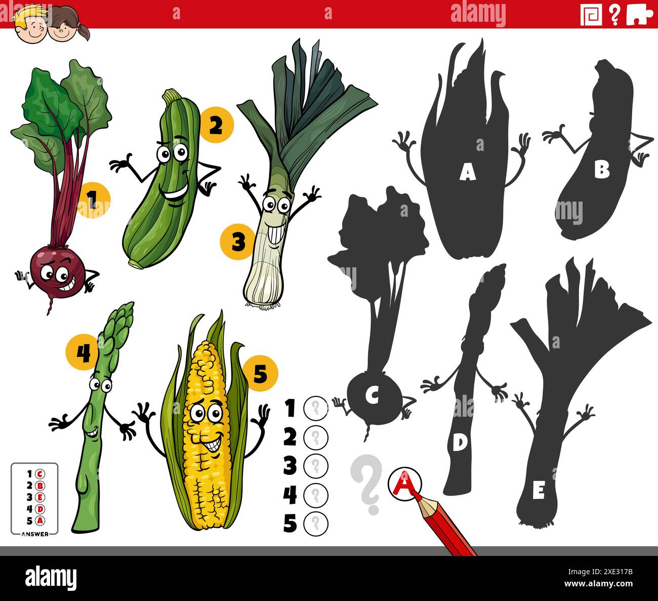 Shadows activity game with cartoon vegetables Stock Photo - Alamy