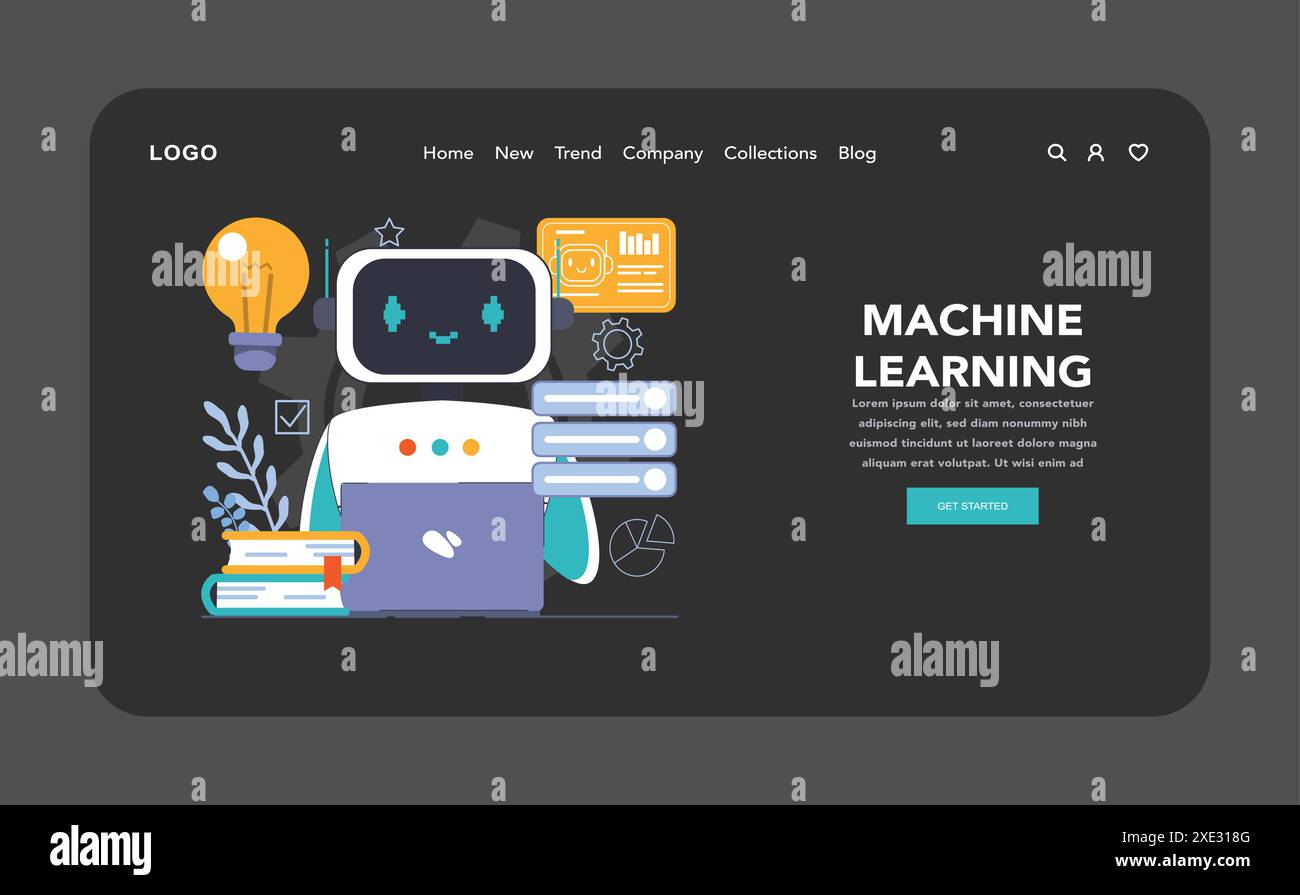 Ai integration dark or night mode web, landing. Artificial intelligence and human synergy ...