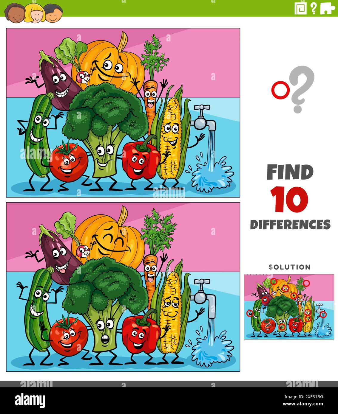 Differences activity with cartoon vegetable characters Stock Photo - Alamy