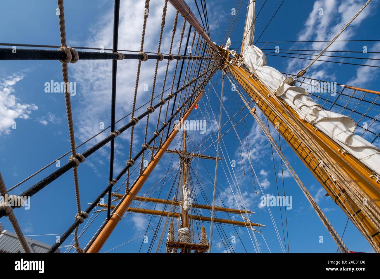Sailboat wooden ship masts and rigging Stock Photo - Alamy