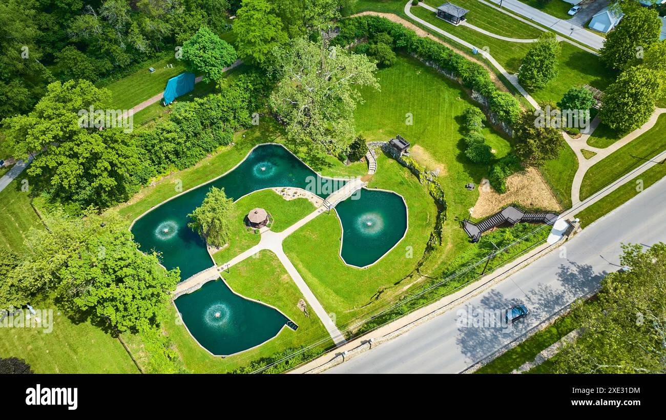 Aerial of Sunken Gardens Three Interconnected Ponds with Fountains and ...