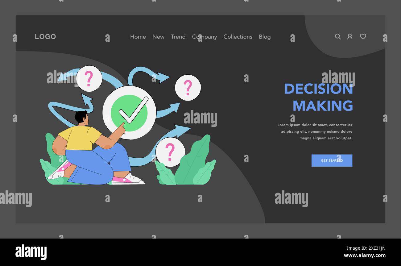 Decision making concept. Contemplative person navigating choices symbolized by arrows and ...